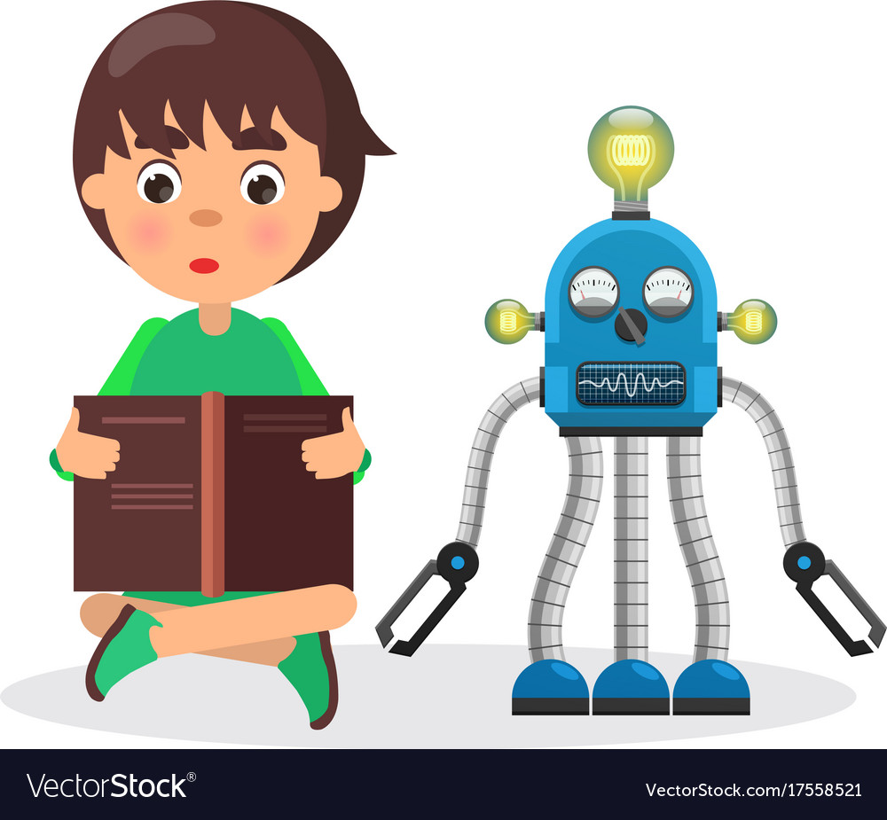 Boy sits and reads book beside robot with lamps Vector Image