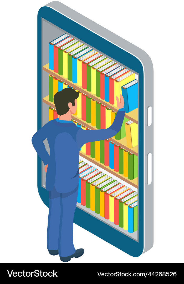 Guy looks at screen with virtual bookshelves Vector Image