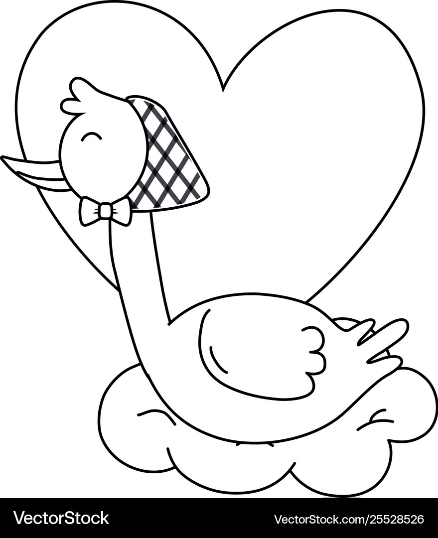 Stork with heart in black and white Royalty Free Vector