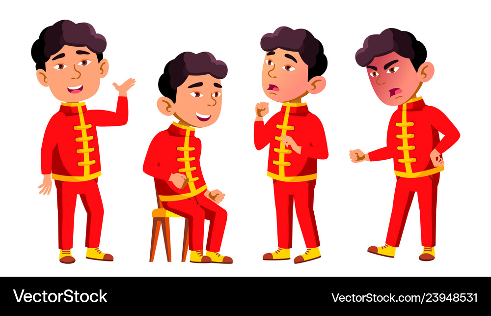 Asian boy kindergarten kid poses set Royalty Free Vector