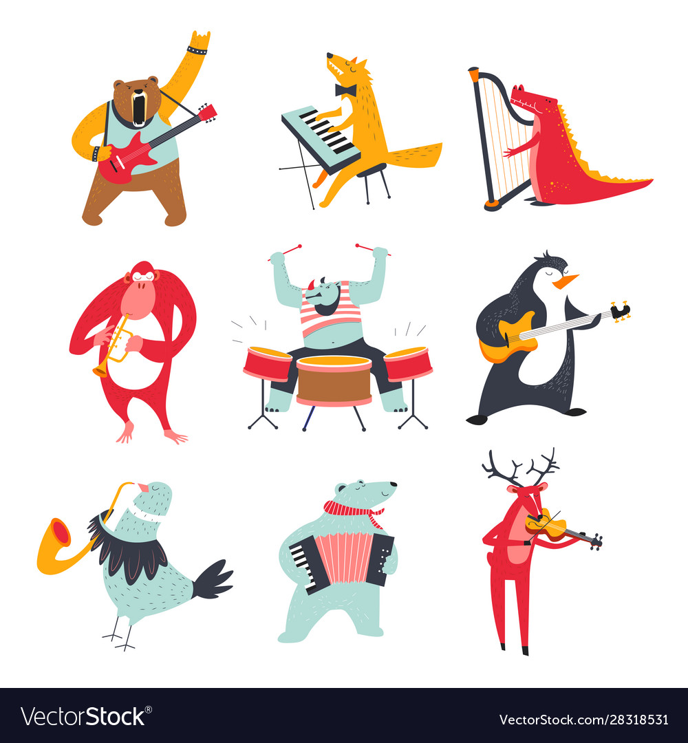 Cute animals playing various music instruments at Vector Image