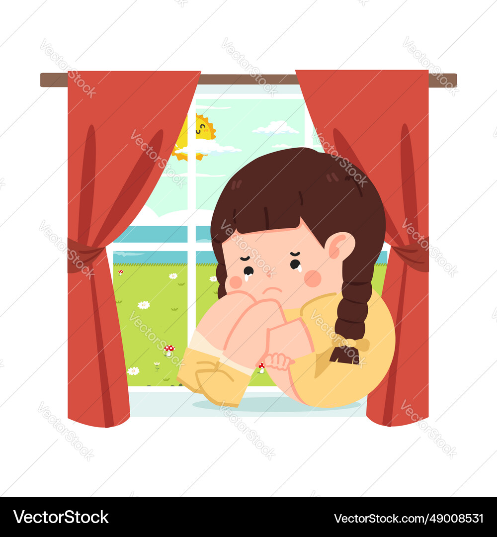Kid student girl standing back view the window Vector Image