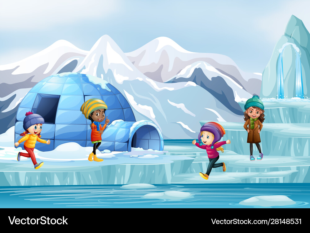 Scene with many kids playing on ice Royalty Free Vector