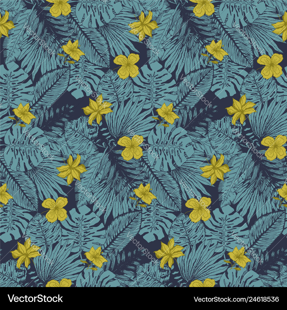 Pale blue pattern with tropical leaves and flowers