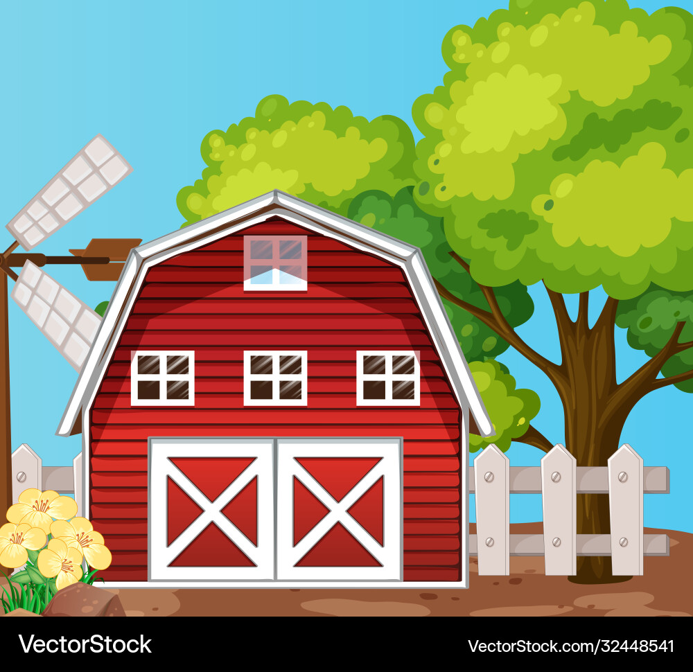 Farm in nature scene with barn and big tree Vector Image