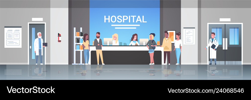 Mix race patients standing line queue at hospital Vector Image
