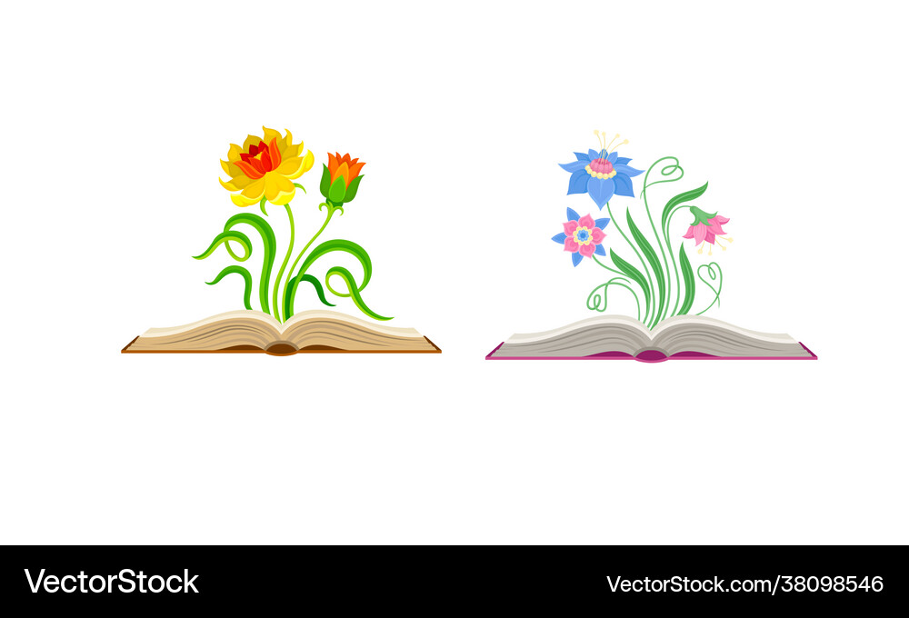 Open book with different fabulous flowers and buds