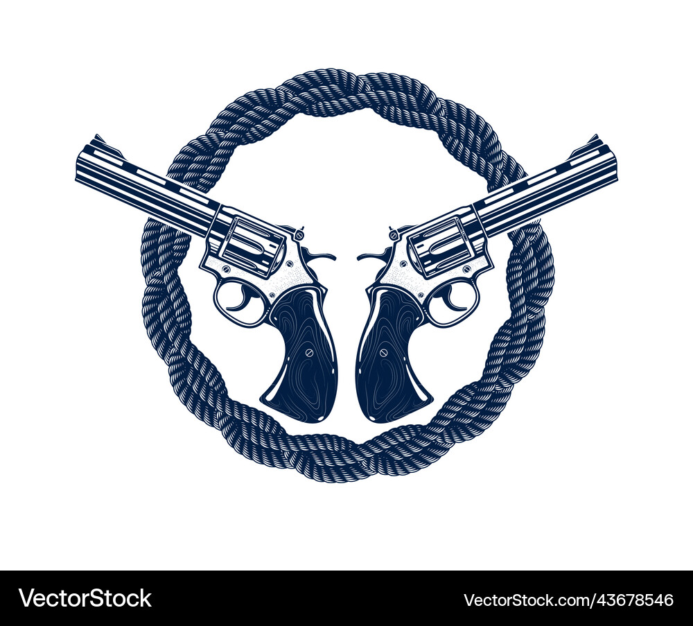 Two crossed handguns emblem or logo isolated Vector Image