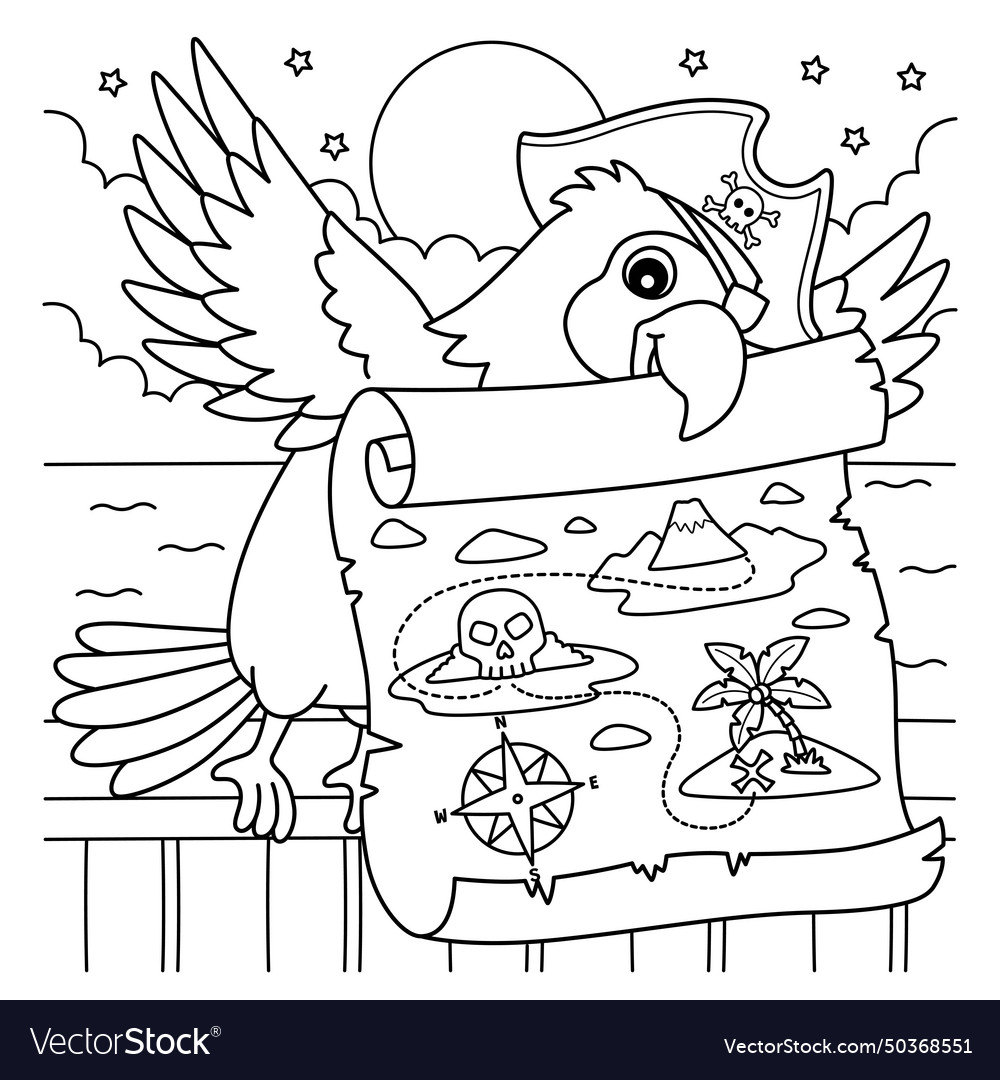 Pirate parrot with a treasure map coloring page Vector Image