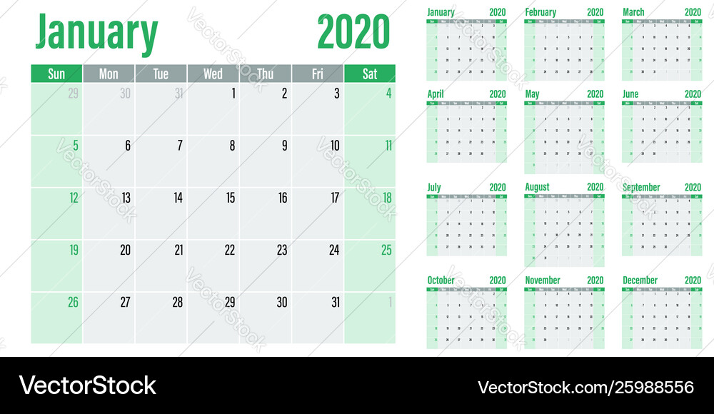 Calendar planner 2020 template Royalty Free Vector Image