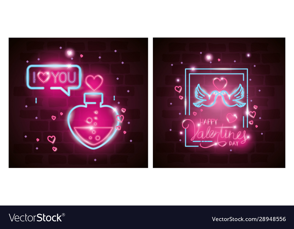 Cards valentine in neon light valentines day Vector Image