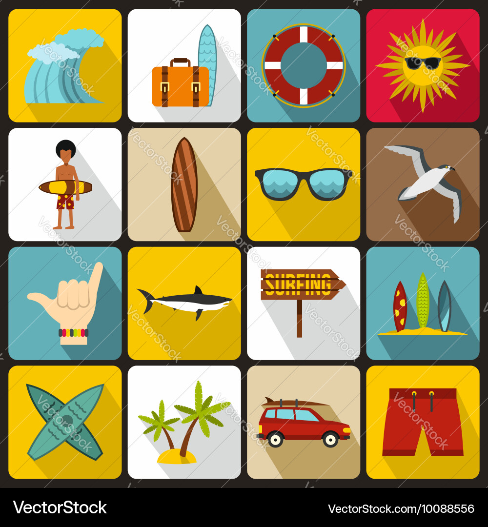 Surfing icons set flat style Royalty Free Vector Image
