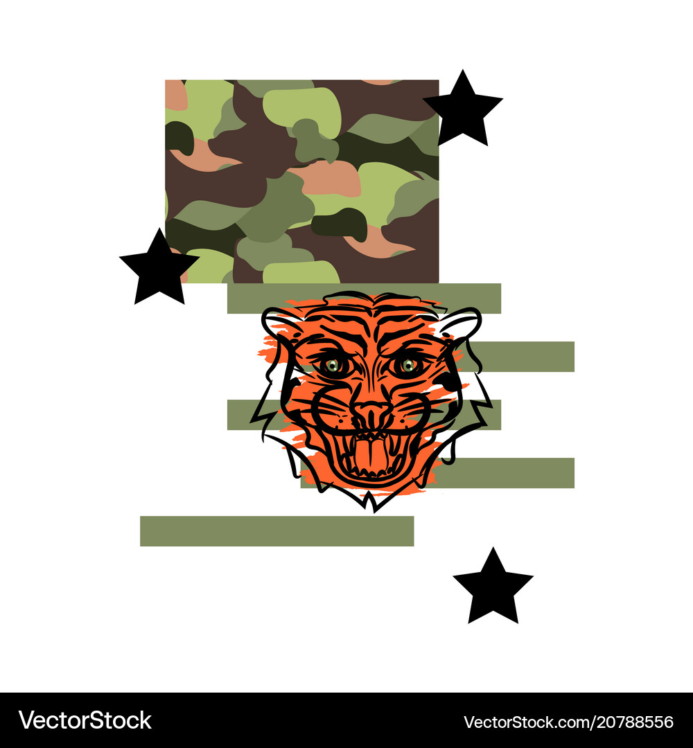 Tiger t shirt design on camo Royalty Free Vector Image