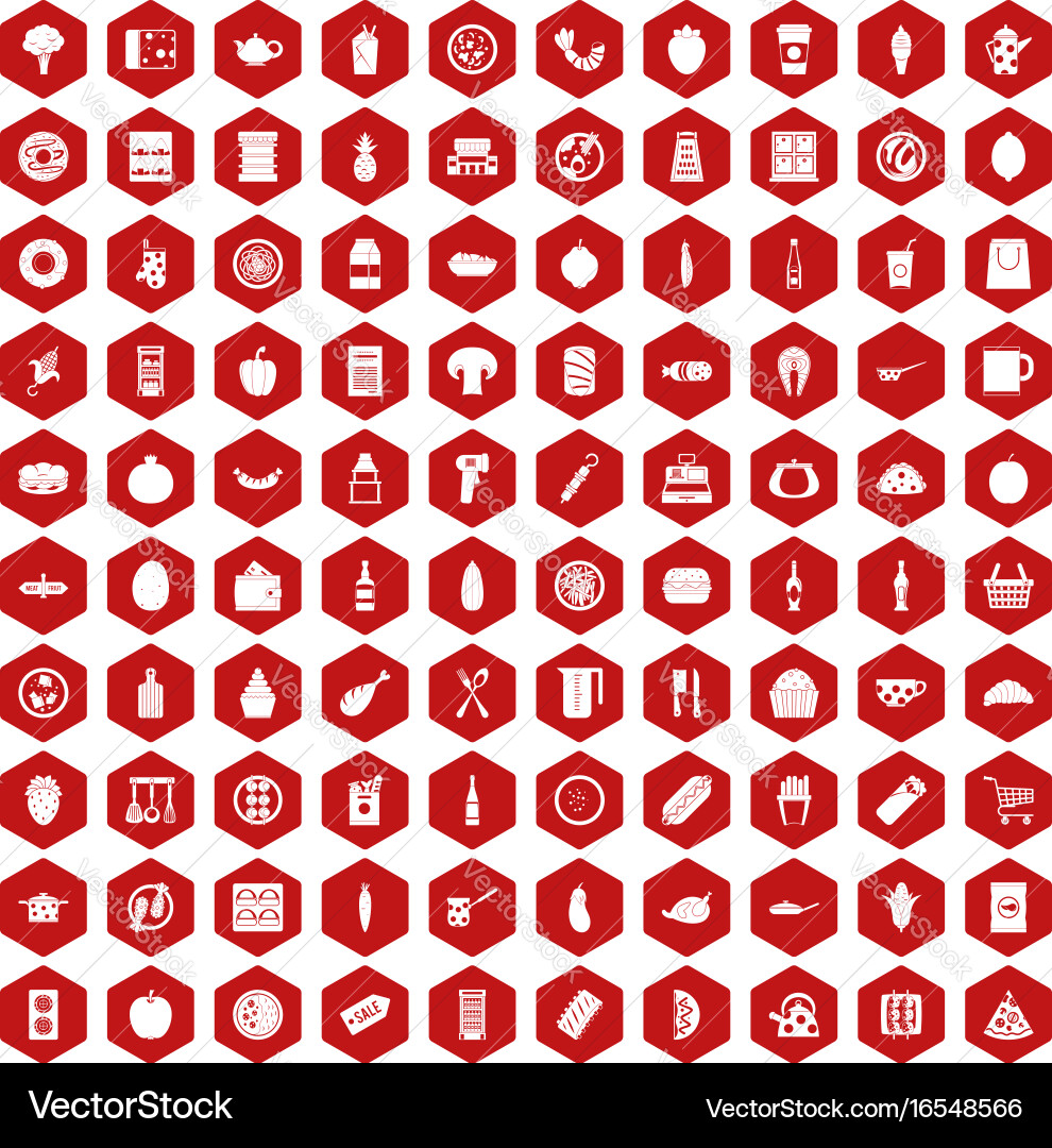 100 lunch icons hexagon red Royalty Free Vector Image