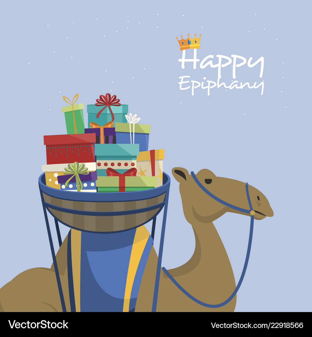 Happy epiphany day camel transporting gifts Vector Image
