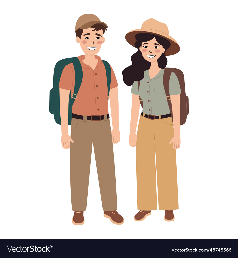 Happy young couple of tourists with backpacks Vector Image