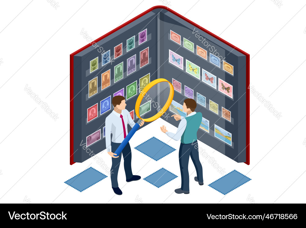 Isometric stamp collecting concept old vintage Vector Image