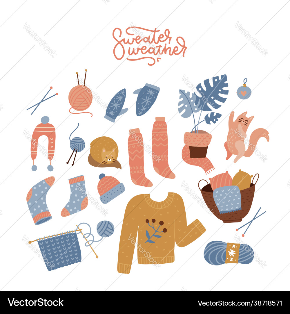 Collection winter knitted clothes and knitting Vector Image