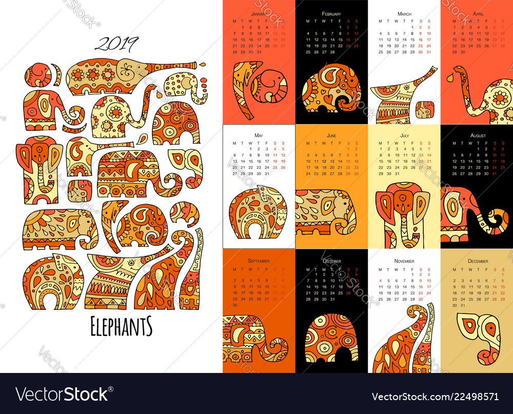 Ornate elephants calendar 2019 Royalty Free Vector Image