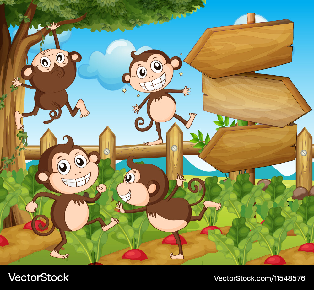 Garden scene with monkeys and signs Royalty Free Vector