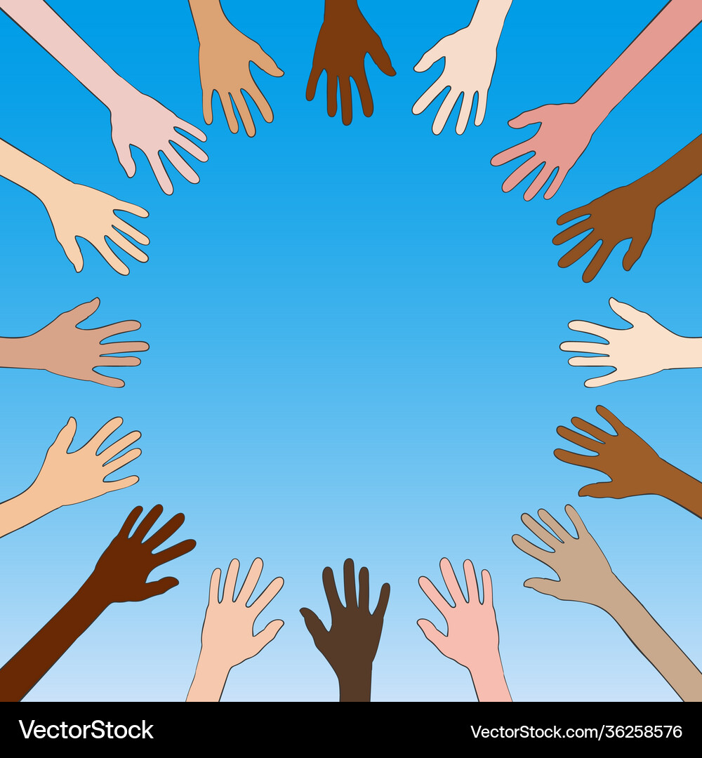 Many hands different skin tone are raised up Vector Image
