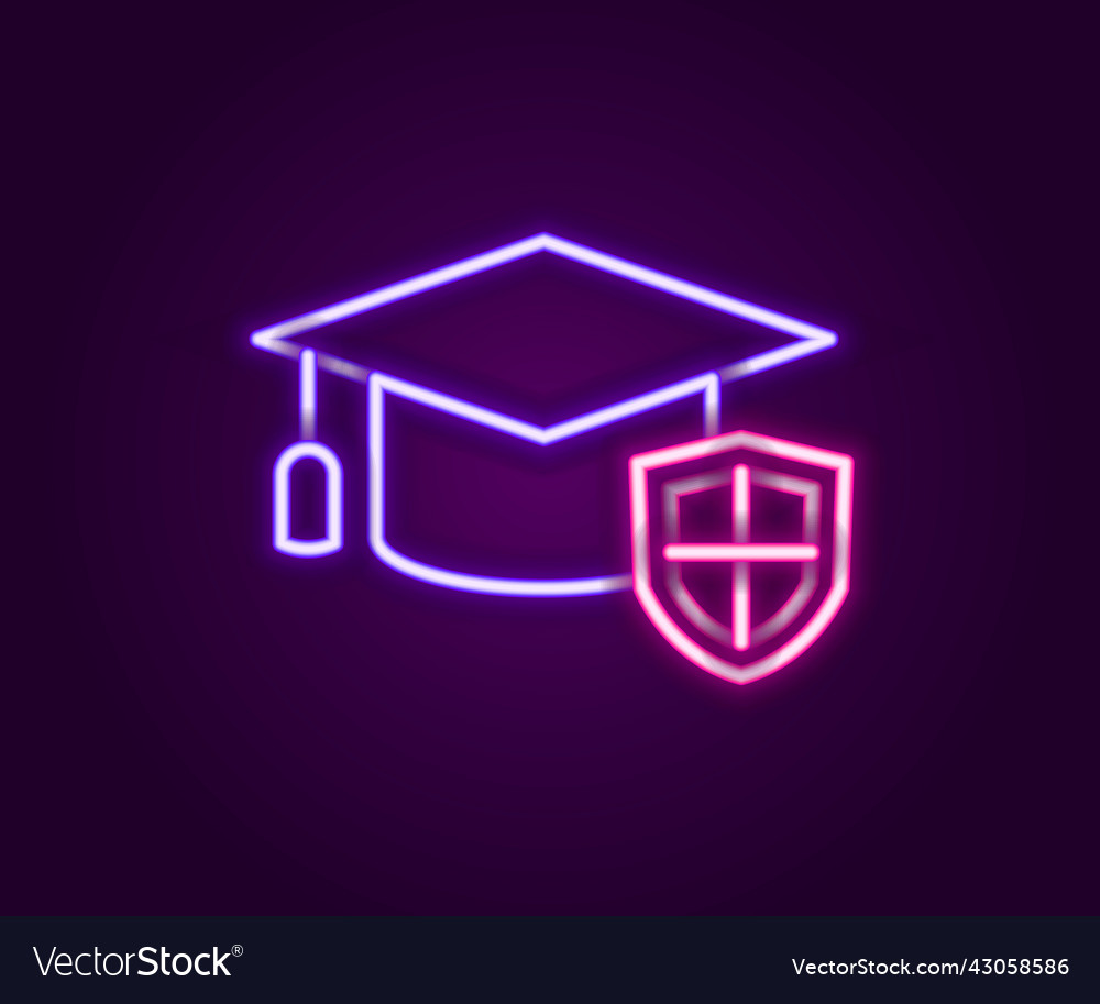 Glowing neon line graduation cap with shield icon Vector Image
