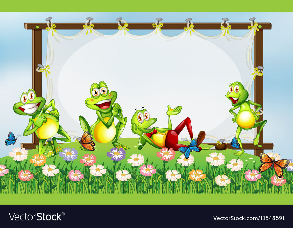 Frame design with green frogs in the garden Vector Image