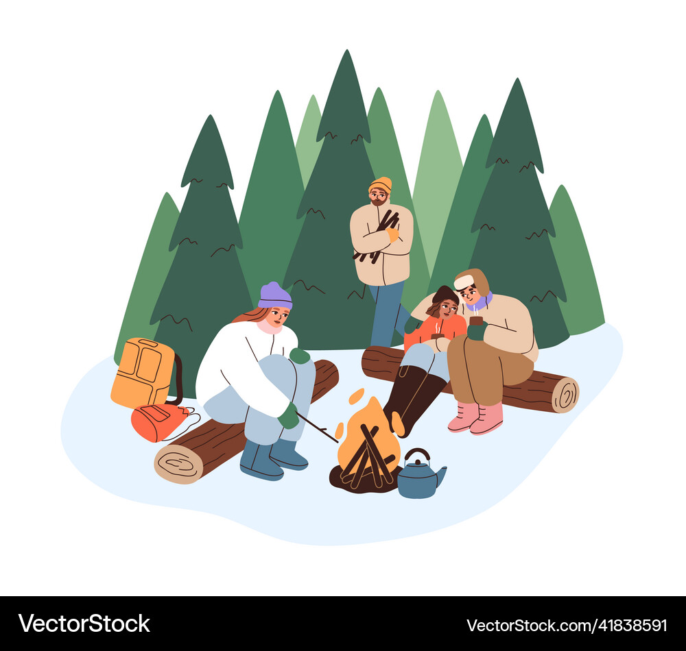 People at winter camp warming with campfire hot Vector Image