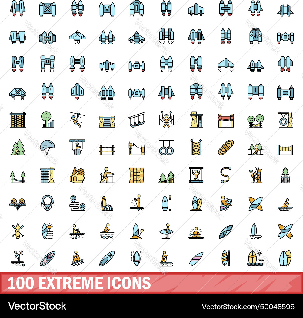 100 extreme icons set color line style Royalty Free Vector