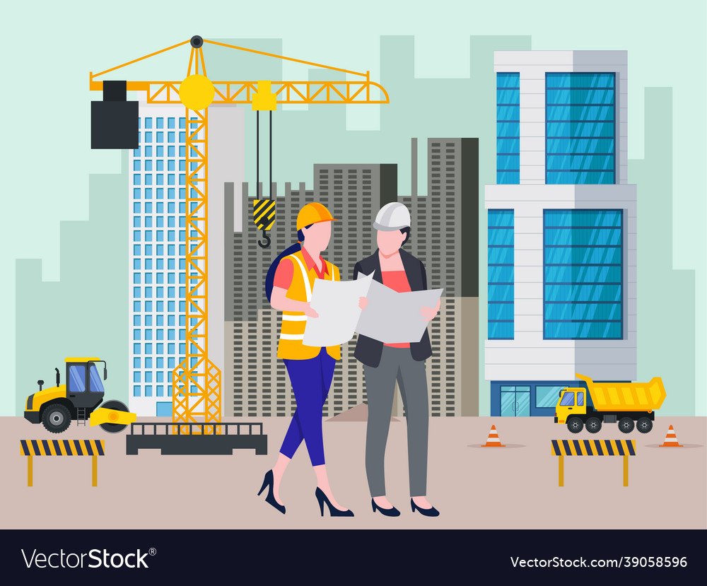 Construction workers checking building plan Vector Image