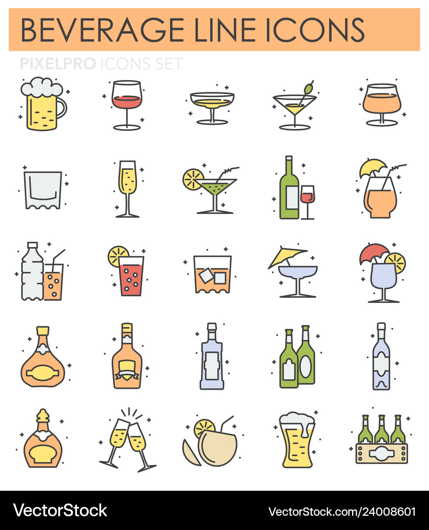 Beverage line color icons set on white background Vector Image