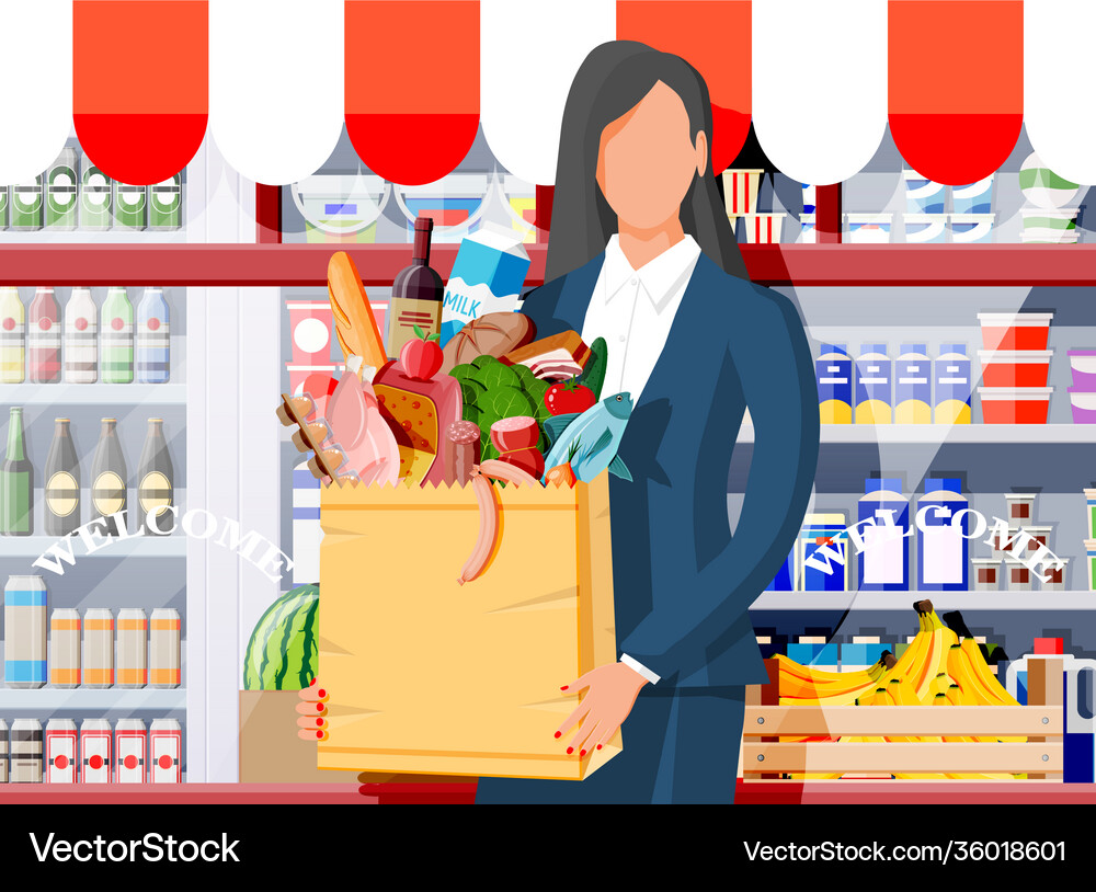 Customer with bag full food Royalty Free Vector Image