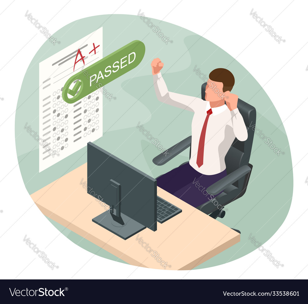 Isometric exam sheet with a plus grade flat Vector Image Isometric exam sheet with a plus grade flat Vector Image