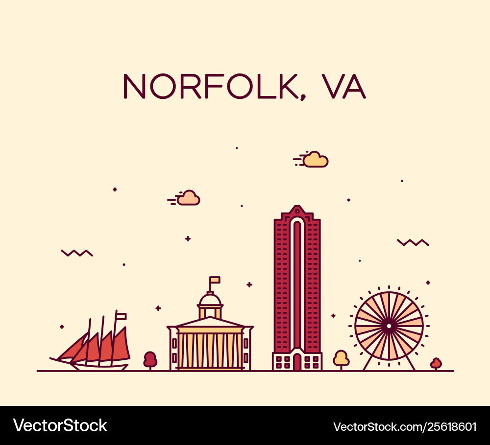 Norfolk skyline virginia usa linear style Vector Image