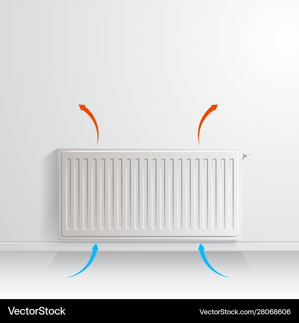Heating radiator on white wall with arrow showing Vector Image