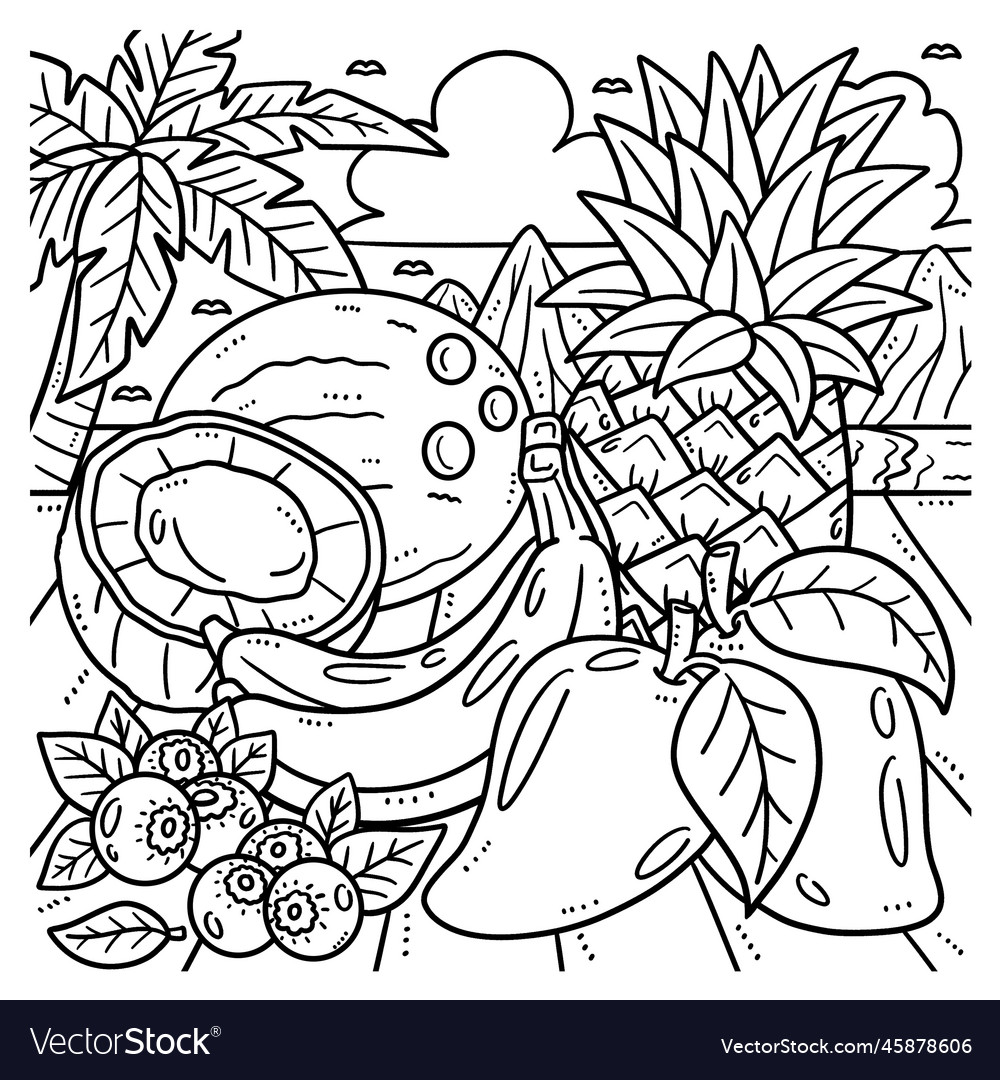 Summer tropical fruits coloring page for kids Vector Image