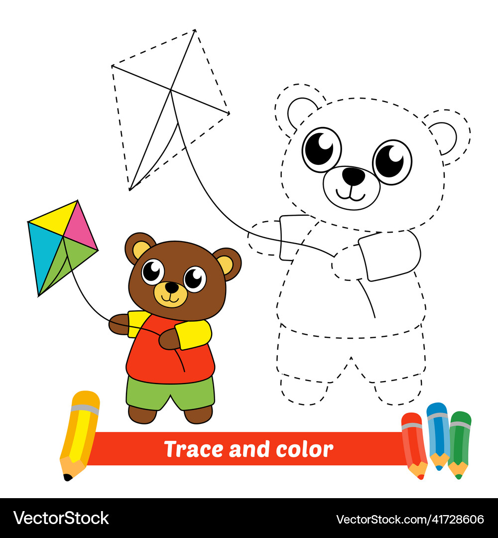 Trace and color for kids bear playing kite Vector Image