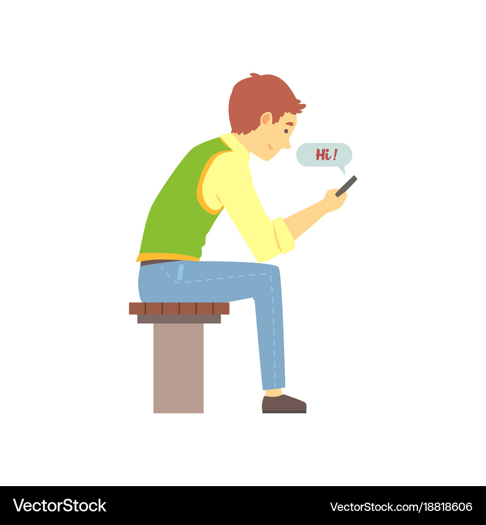 Young brown-haired boy sending hi message on his Vector Image