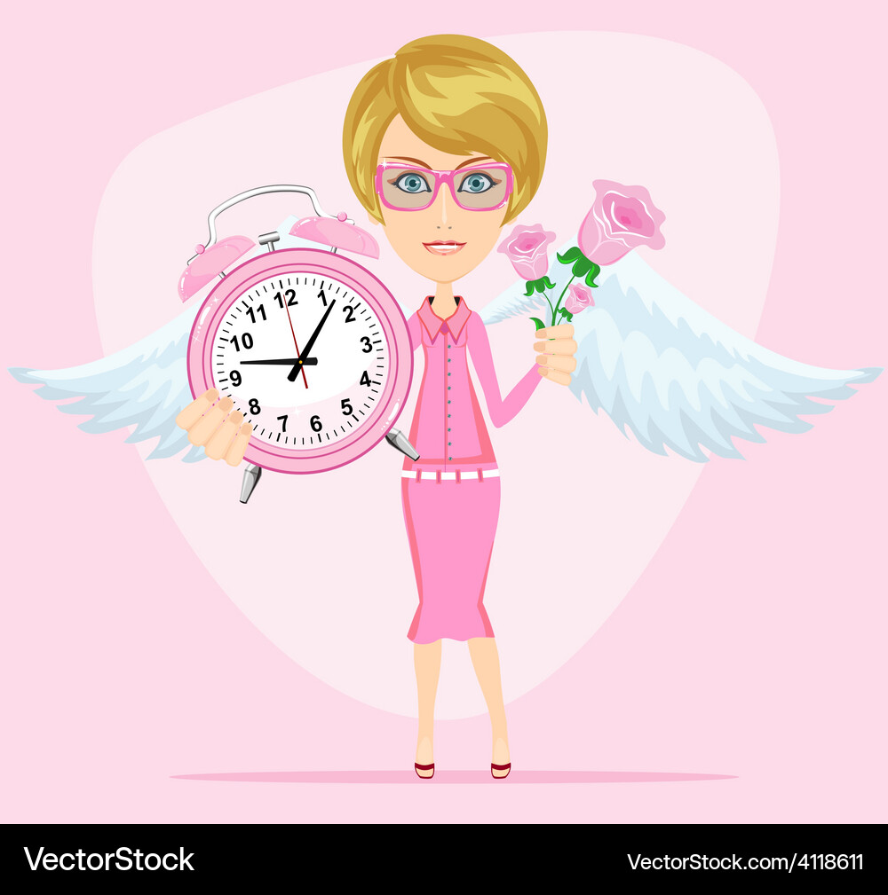 Angel holding time and flowers Royalty Free Vector Image