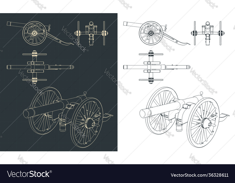 Vintage artillery cannon drawings Royalty Free Vector Image