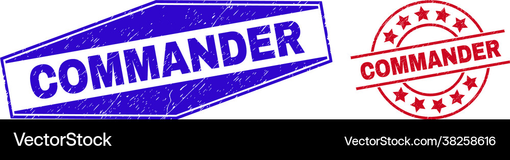 Commander scratched stamps in circle and hexagon Vector Image