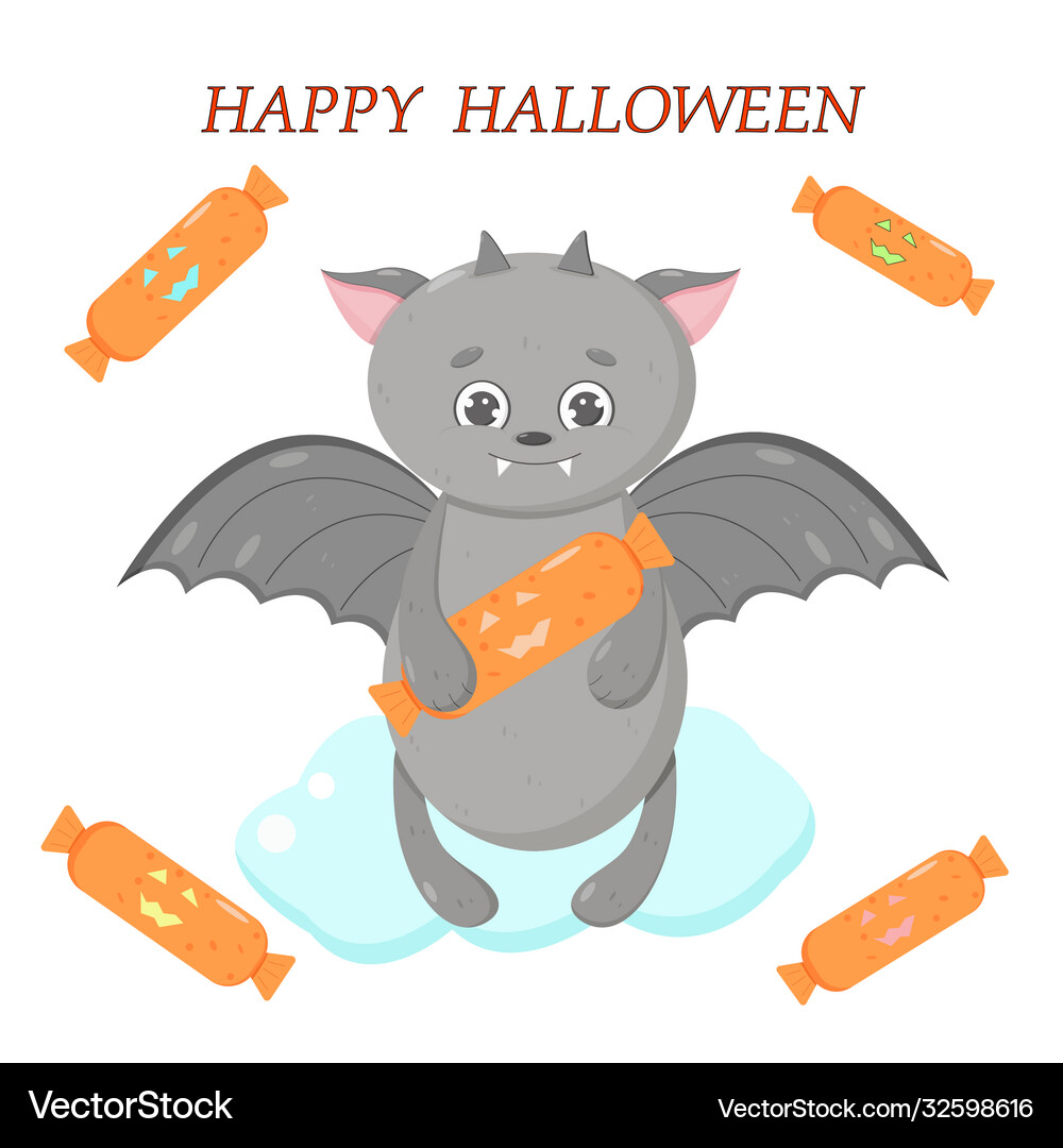 Cute gray bat with candy happy halloween Vector Image