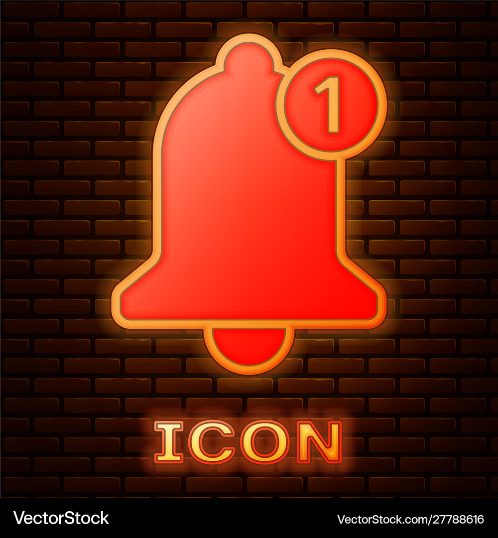 Glowing neon bell icon isolated on brick wall Vector Image