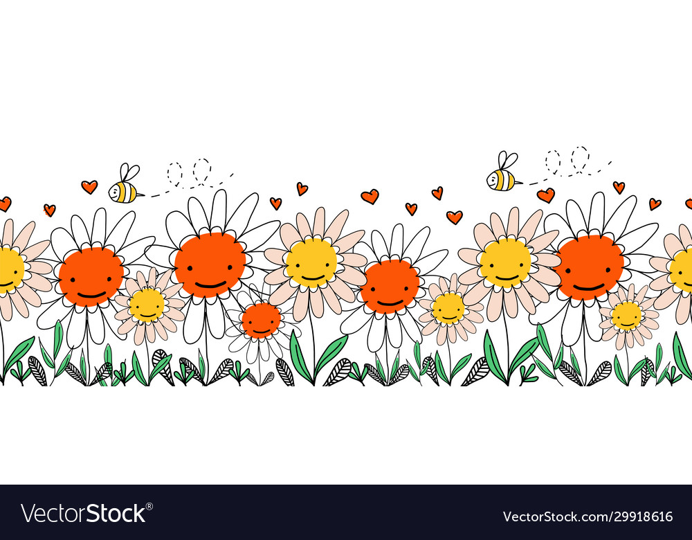 Kids doodle flowers and bees seamless Royalty Free Vector