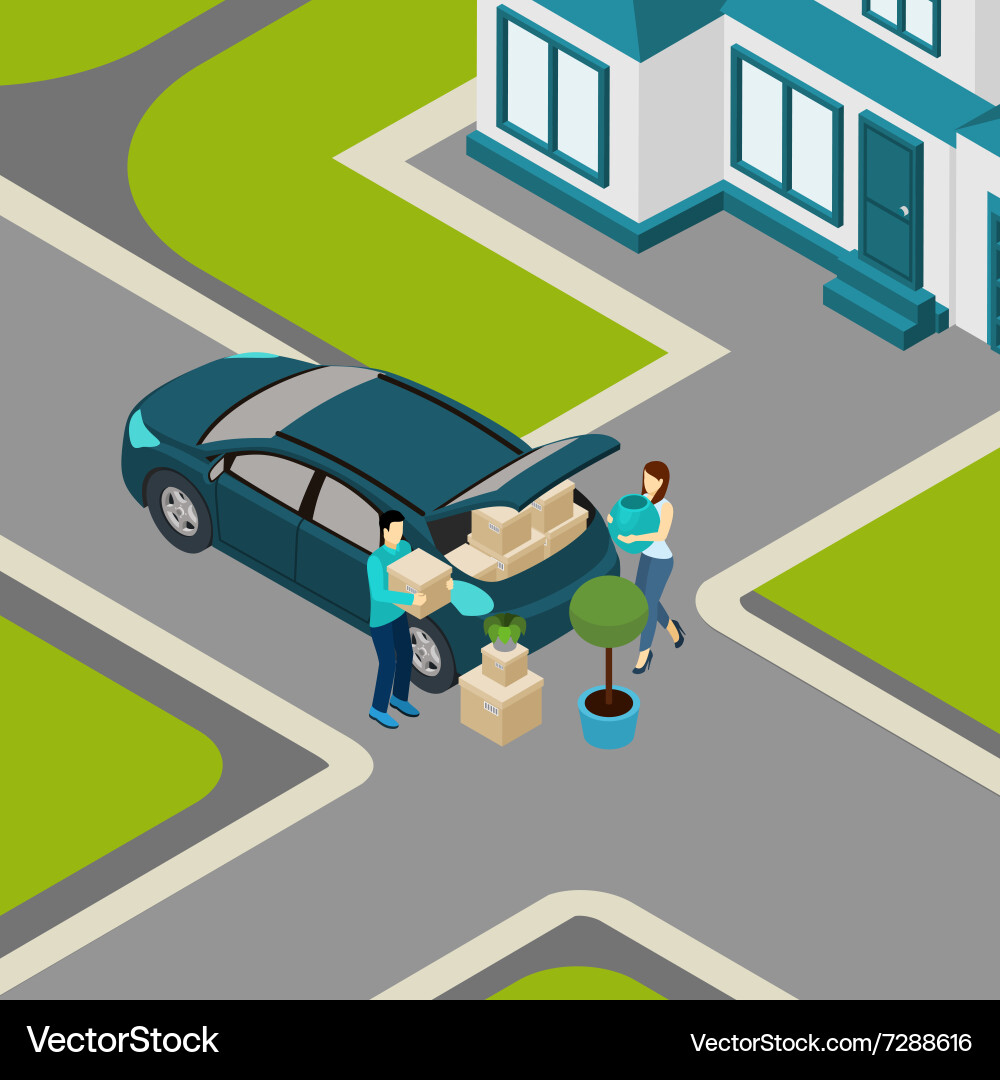 People moving from house isometric banner Vector Image