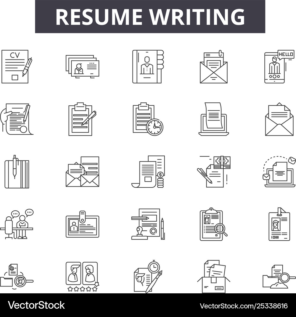 Resume writing line icons signs set Royalty Free Vector