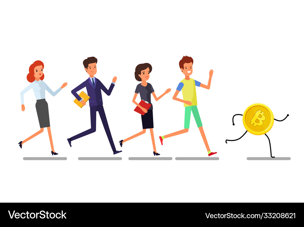 Business people running to bitcoin currency Vector Image