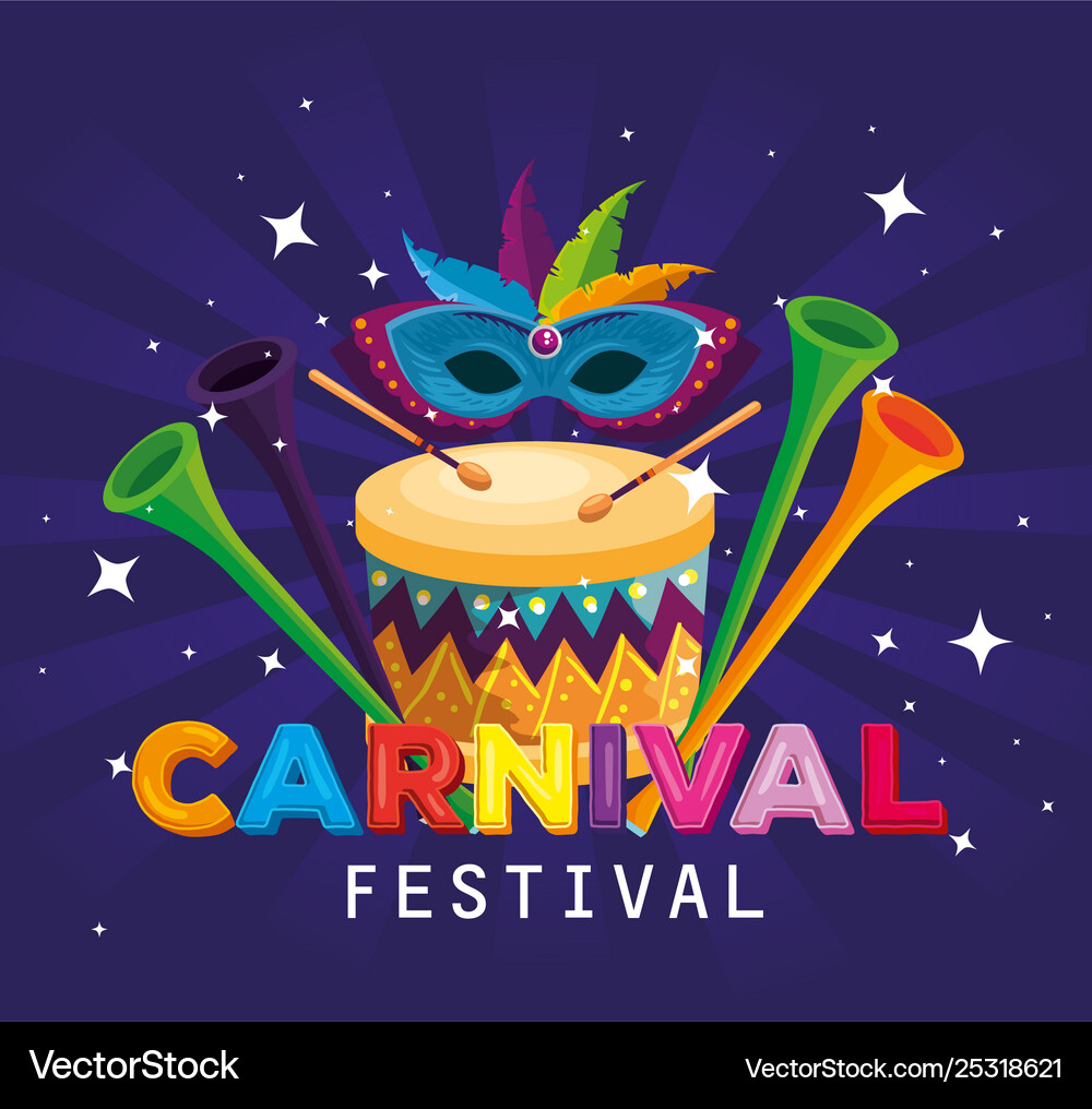 Drum with traditional and trumpet mask Royalty Free Vector