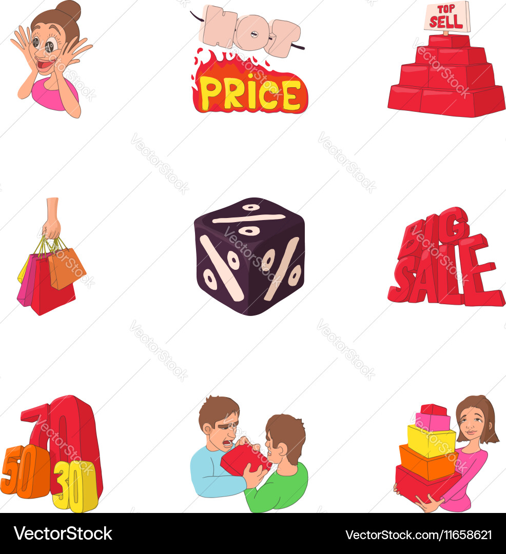 Hot sales icons set cartoon style Royalty Free Vector Image