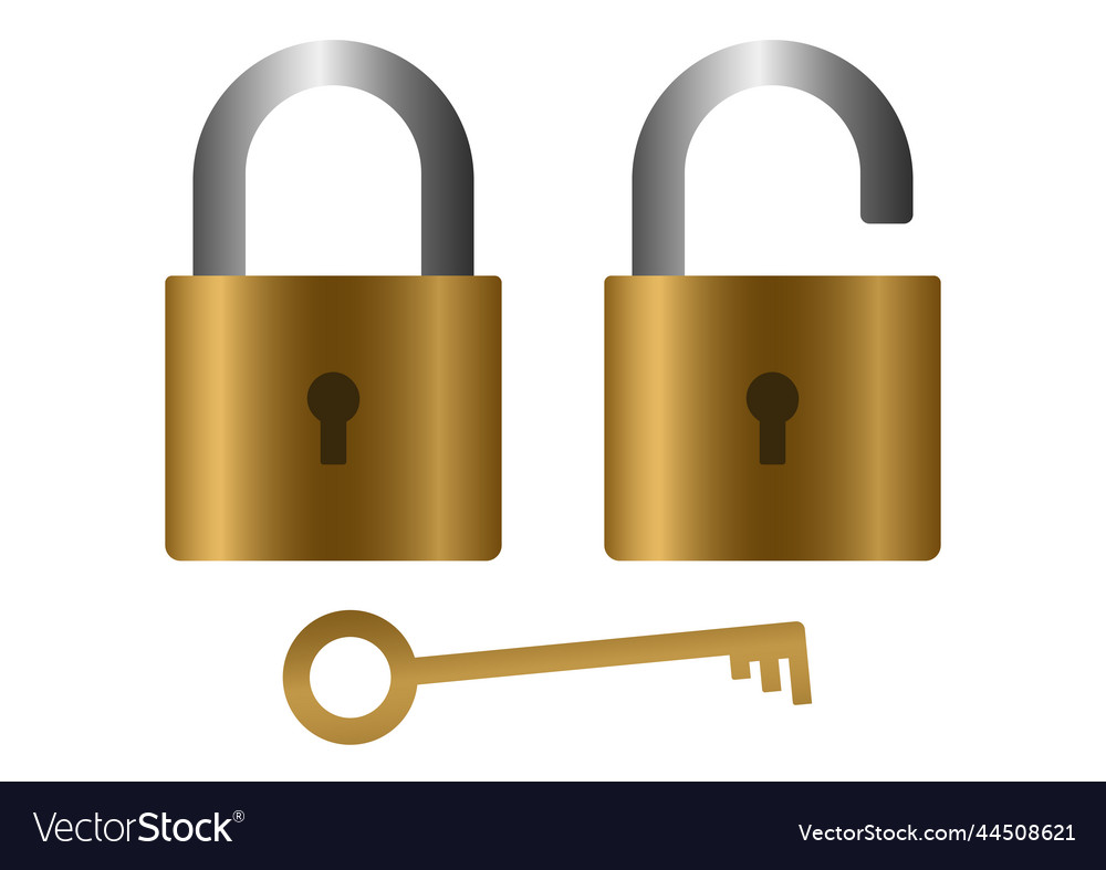 Locked and unlocked padlock with key isolated Vector Image